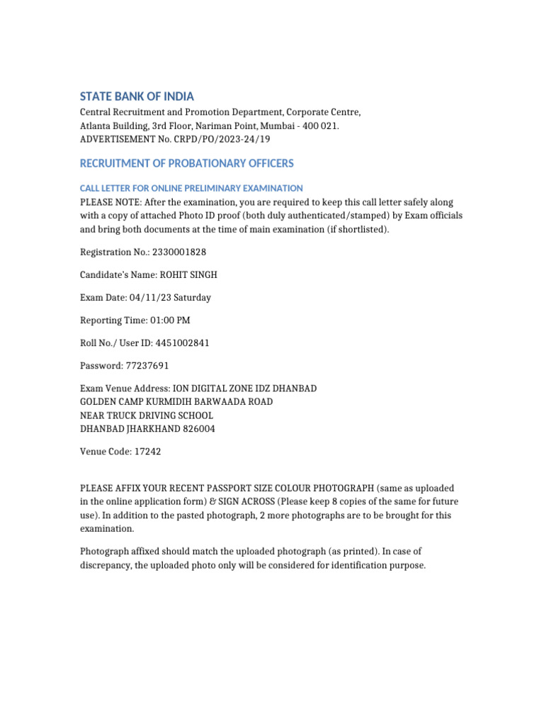 SBI Call Letter | PDF