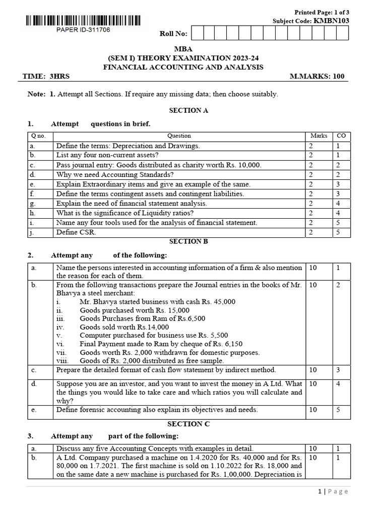 MBA Financial Accounting Exam Paper | PDF | Debits And Credits ...
