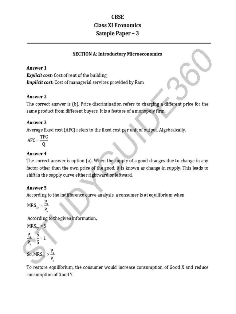 Class 11 Economics Sample Paper 3 Solutions | PDF | Cost Of Living | Demand
