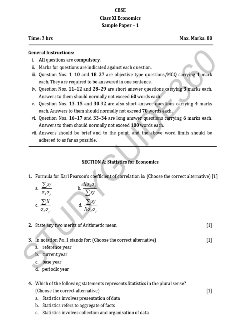 Class 11 Economics Sample Paper 1 Questions | PDF | Cost Of Living | Demand