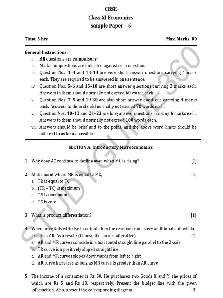 Class 11 Economics Sample Paper 5 Questions | PDF | Demand | Economics