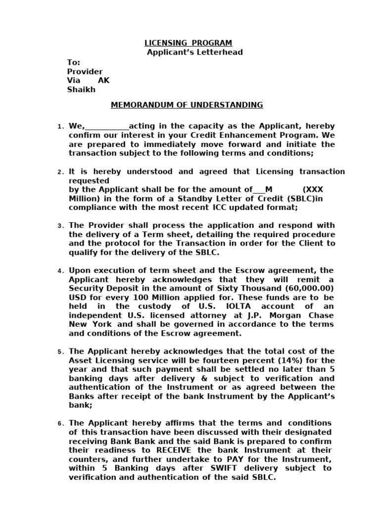 Licensing Draft Mou 2024 Master | PDF | Banks | Letter Of Credit