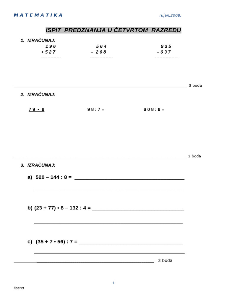 Ispit Predznanja u Cetvrtom Razredu-mat.ksena | PDF