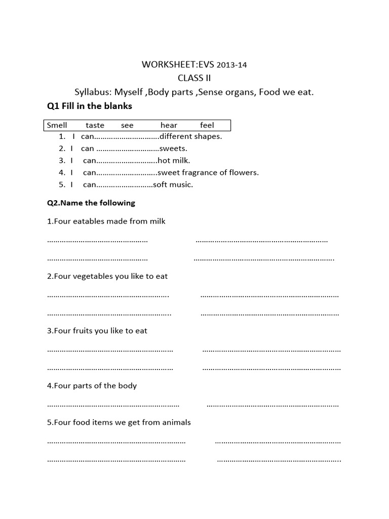 Class 2 EVS Worksheet: Myself & Body Parts | PDF
