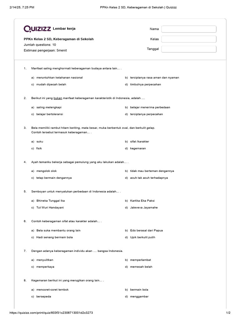 PPKN Kelas 2 SD, Keberagaman Di Sekolah - Quizizz | PDF