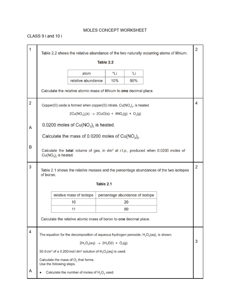 Moles Concept Worksheet QP | PDF