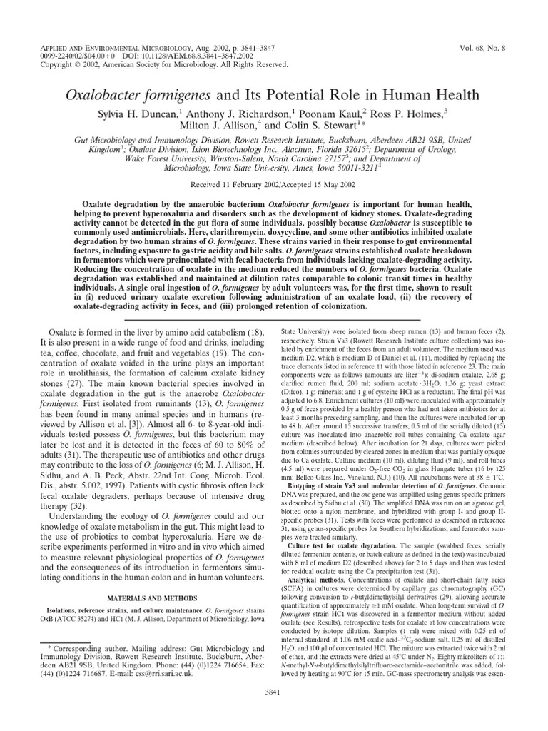 Role of Oxalobacter formigenes in Health | PDF