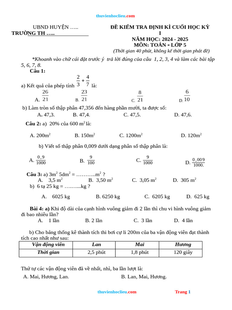 De Kiem Tra Cuoi HK1 Toan 5 Canh Dieu 24 25 | PDF