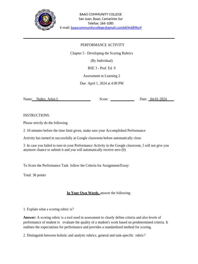 PERFORMANCE ACT-WPS Office Arlen Nuñez | PDF | Rubric (Academic ...