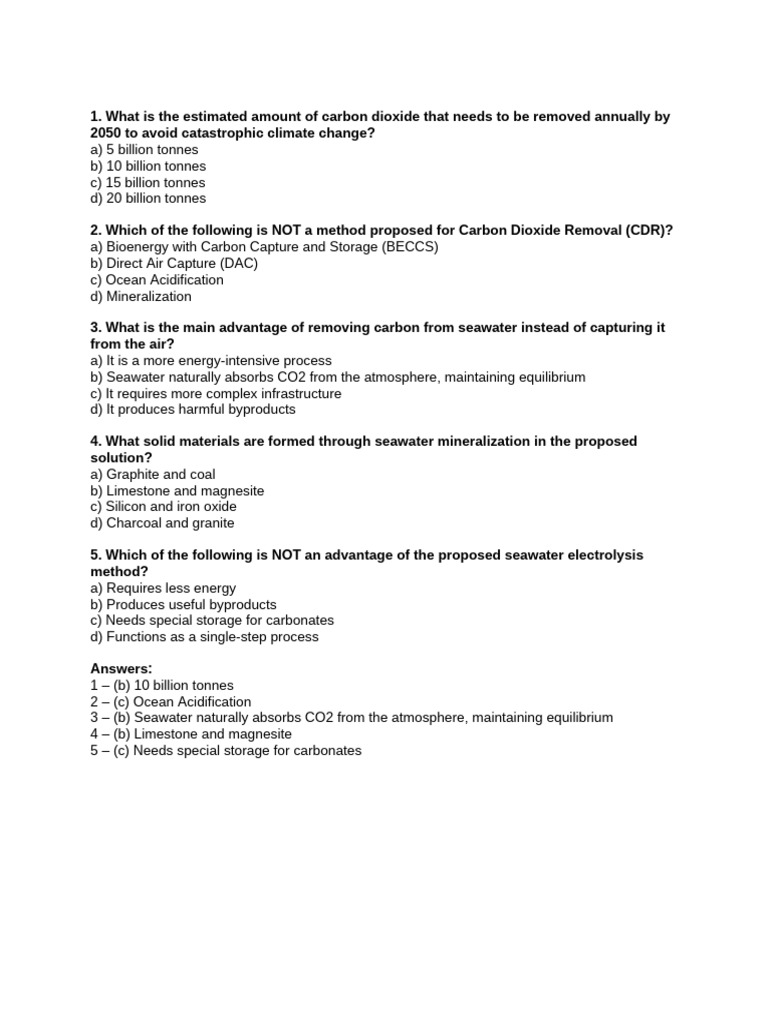 Carbon Dioxide Removal Methods Quiz | PDF
