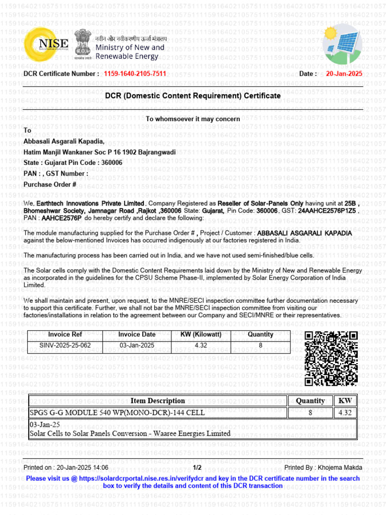 DCR Certificate_compressed (1) | PDF | Invoice | Sustainable Technologies
