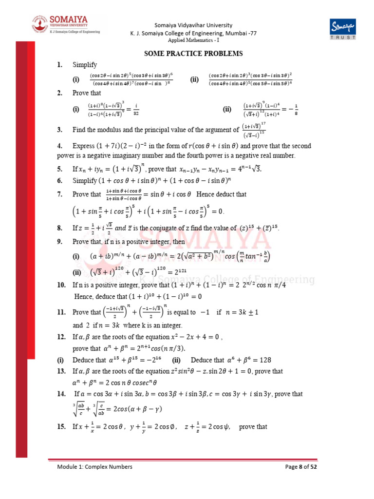 Module 1.1 and 1.2 Demoivres THM and Roots | PDF | Number Theory ...