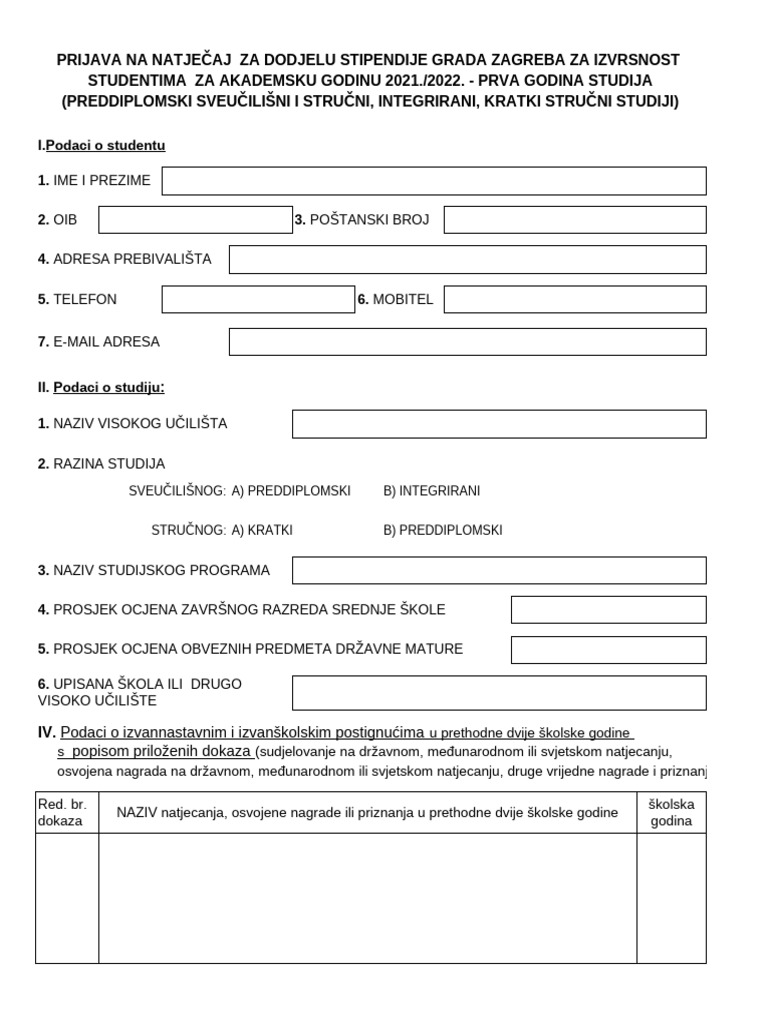 Obrazac Prijave Studenti - Izvrsnost 1 Godina | PDF