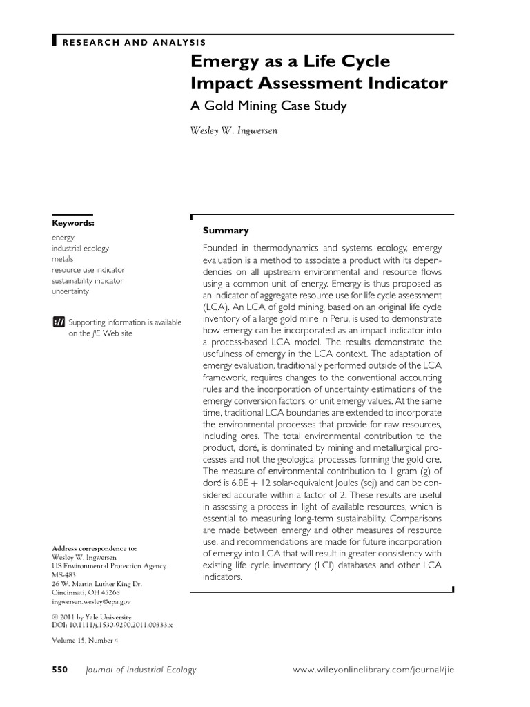 Emergy As A Life Cycle Impact Assessment Indicator A Gold Mining Case Study | PDF | Life Cycle ...