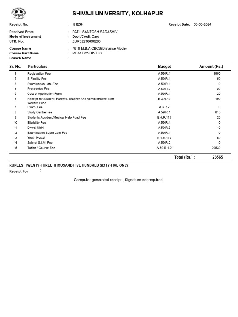 Shivaji University, Kolhapur: Sr. No. Particulars Budget Amount (RS ...