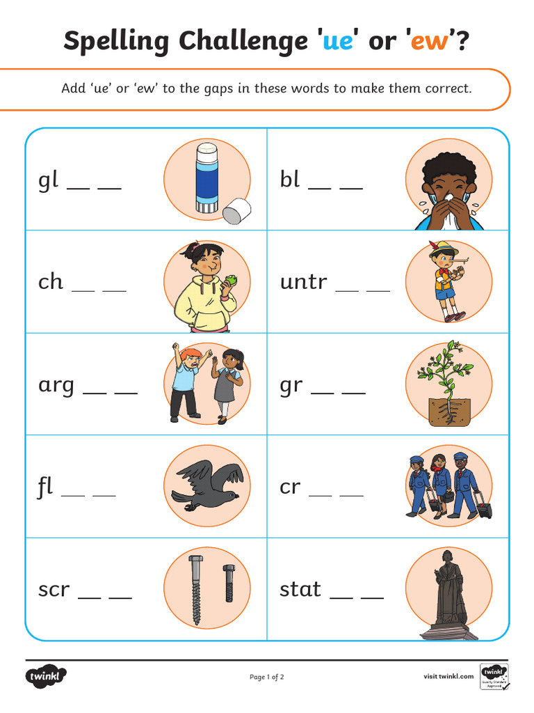 Spelling Challenge: 'ue' vs 'ew' | PDF