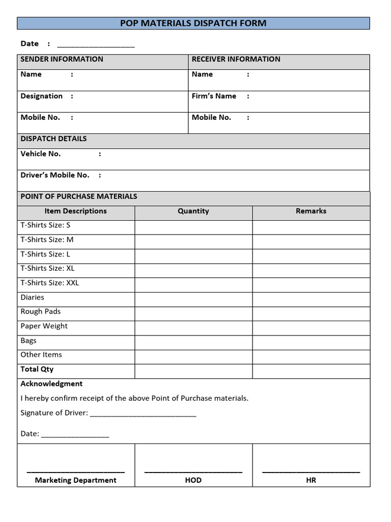 POP MATERIALS DISPATCH FORM | PDF