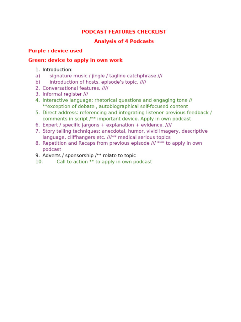 PODCAST FEATURES CHECKLIST (AS level EAL) | PDF