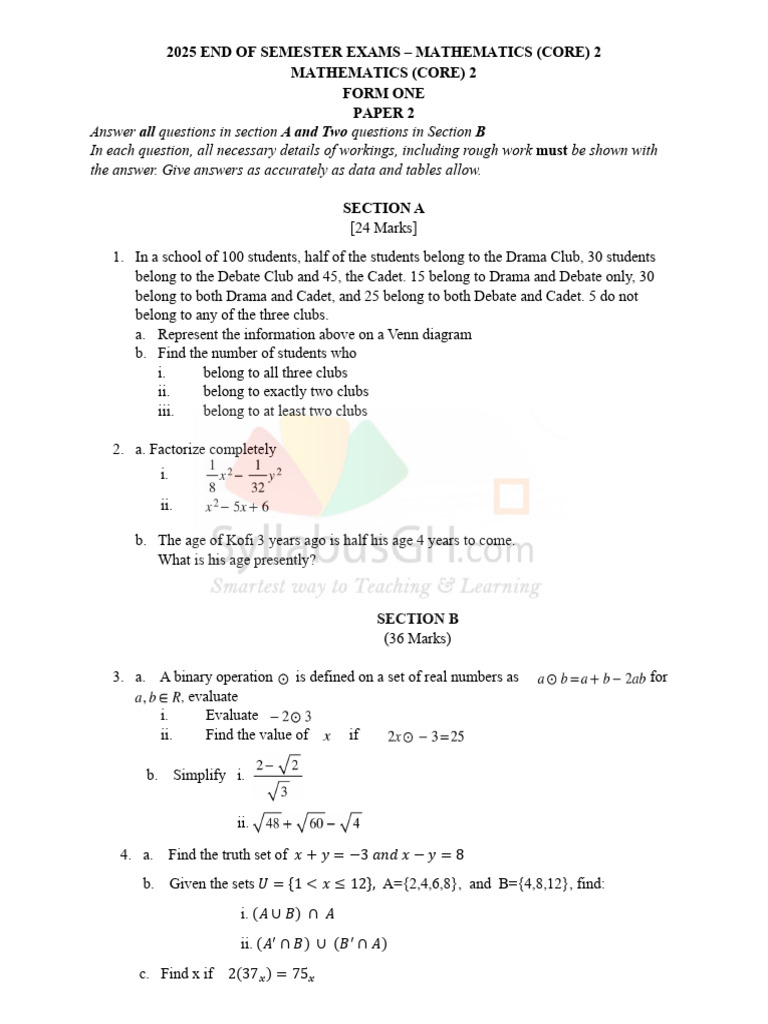 2025 Core Maths Paper 2 for SHS 1 | PDF