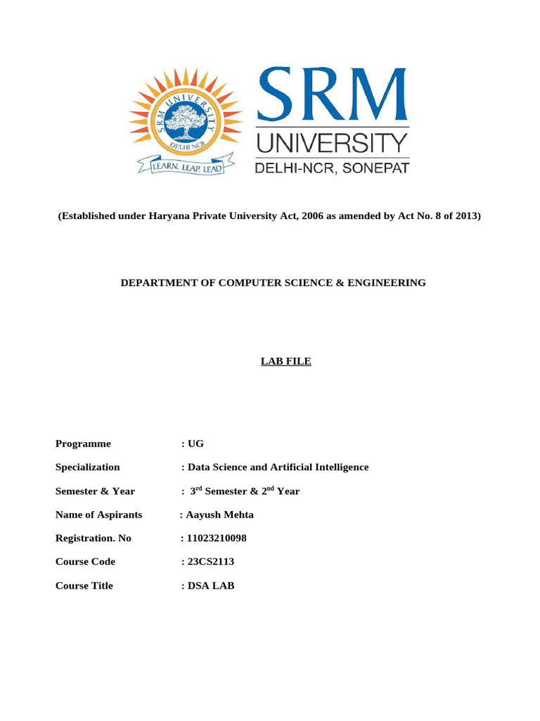 DSA Lab Manual Front Page, Index and Certificate | PDF | Computer Programming | Algorithms And ...