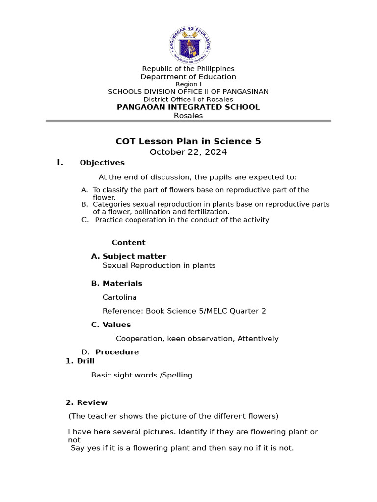 Science 5 Lesson Plan: Flower Reproduction | PDF | Flowers | Pollination