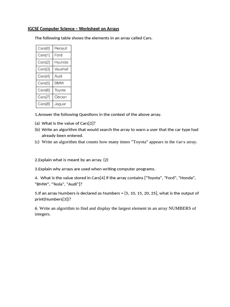IGCSE CS: Arrays Worksheet & Algorithms | PDF