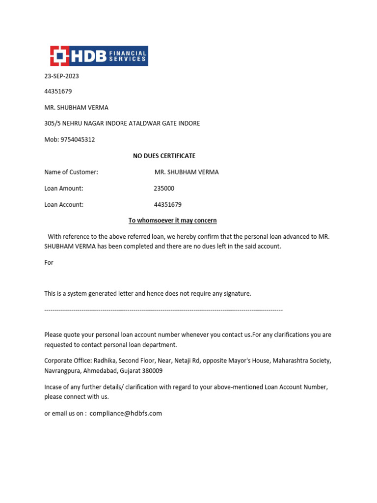 HDB No Dues Certificate for Loan 44351679 | PDF