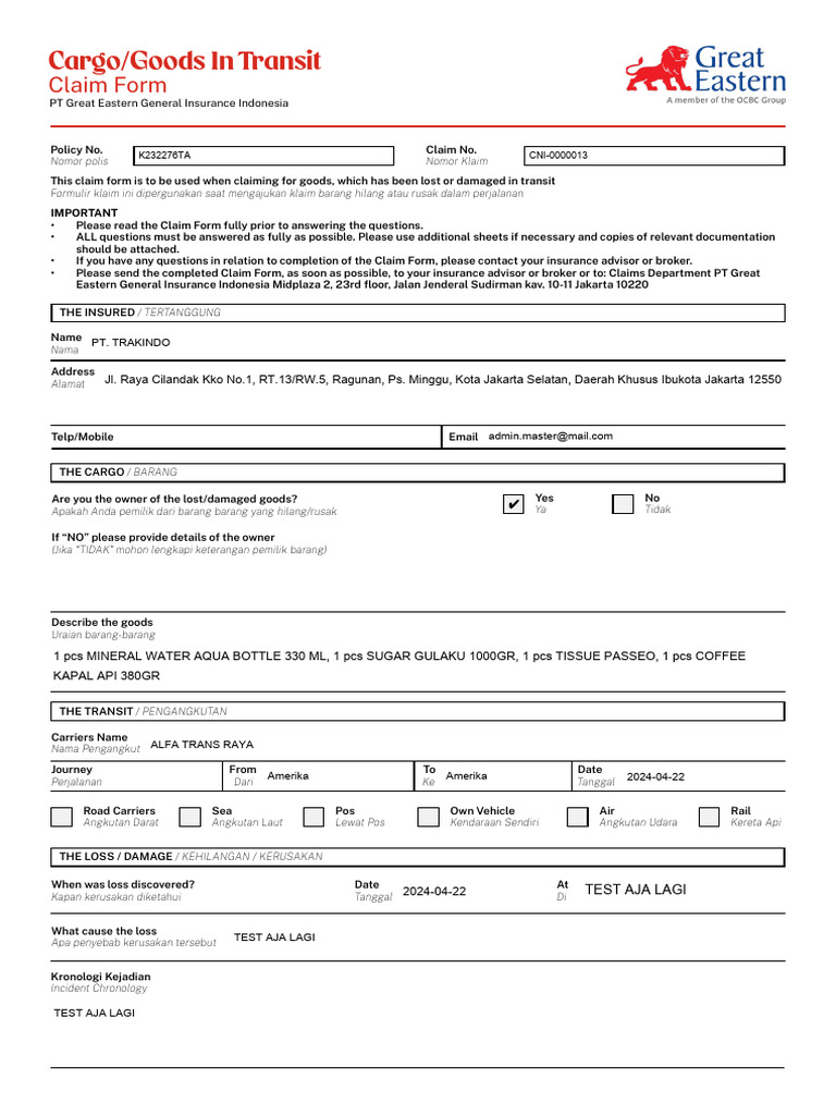 GEGI - Insurance Claim Form | PDF | Transport | Supply Chain Management