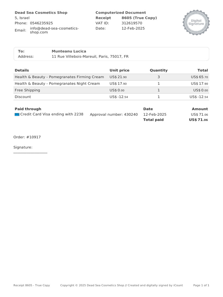 Dead Sea Cosmetics Shop Receipt 8605 (En Copy) | PDF