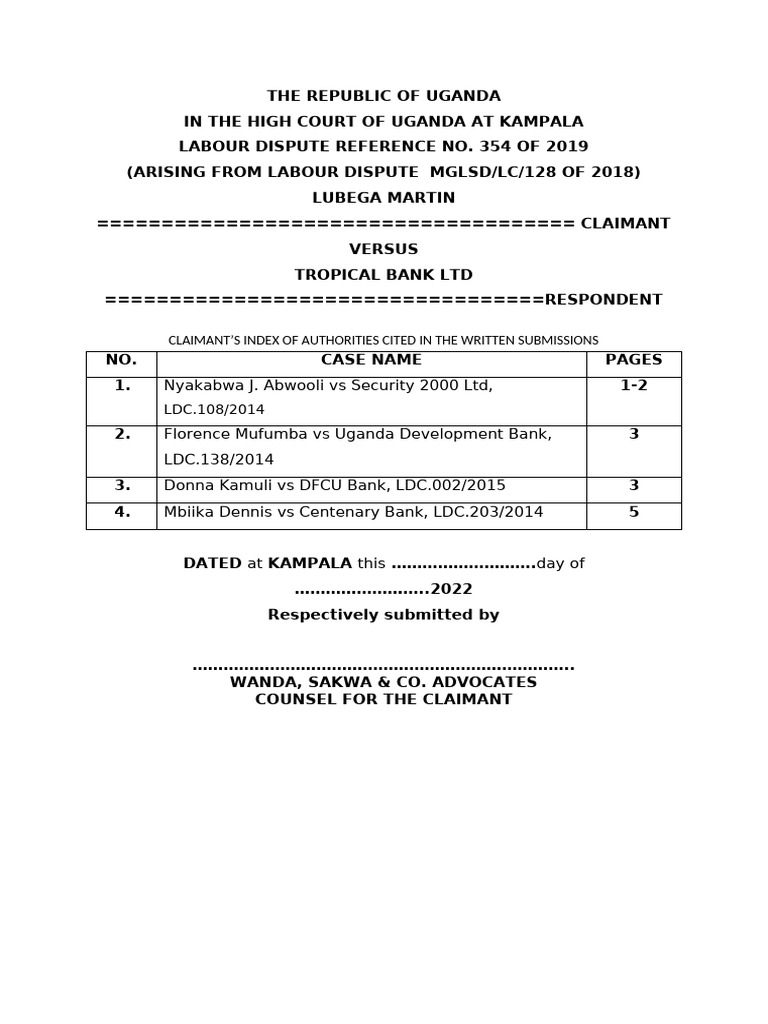 Uganda Labour Court Case Index | PDF