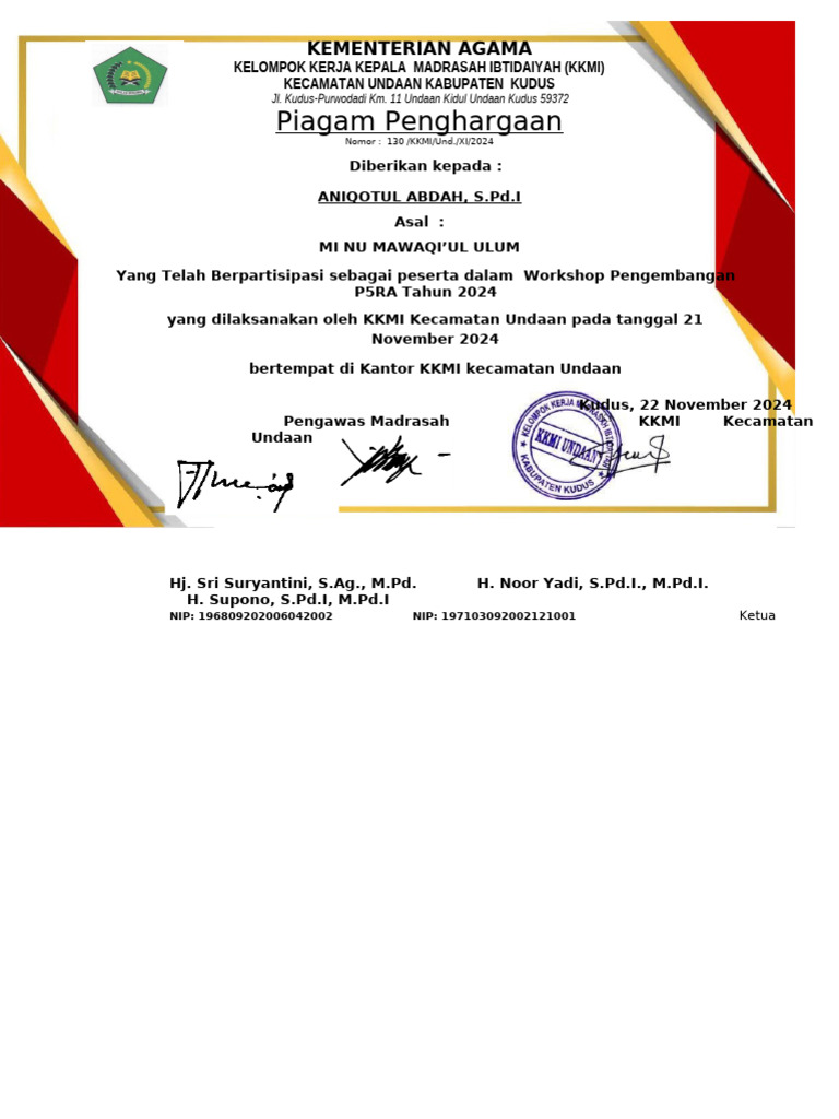 Piagam Penghargaan Workshop P5RA 2024 | PDF