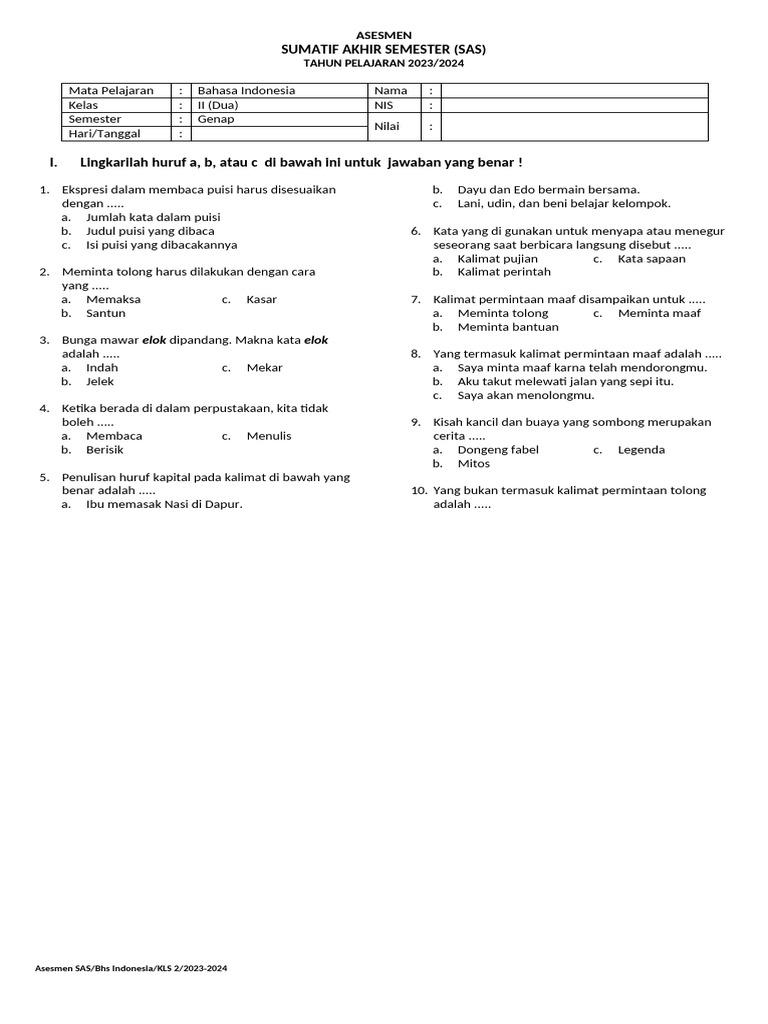 Soal SAS Bhs Indonesia kelas 2 SD | PDF