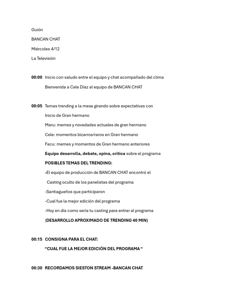 Guion Bancan Chat La Televisión | PDF | Series de televisión | Programas de televisión