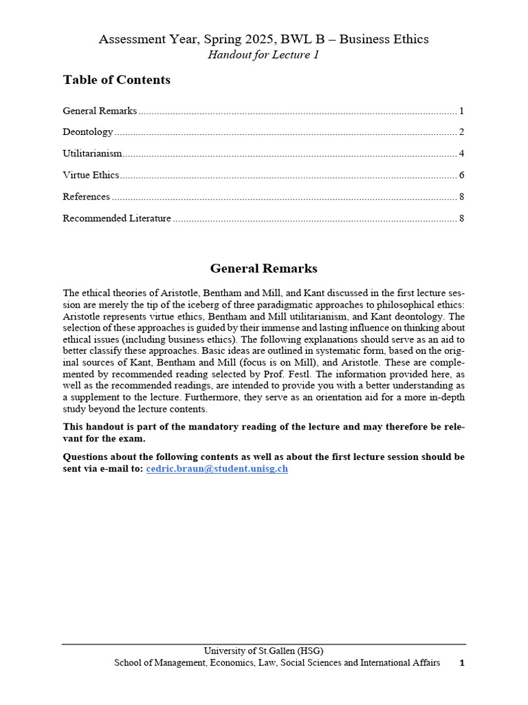 BWLBBusinessEthics Spring25 Lecture1Handout | PDF | Utilitarianism | Happiness