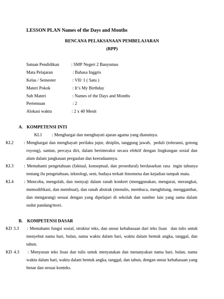 LESSON PLAN Names of the Days and Months | PDF