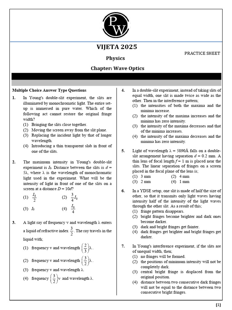 679b21a5be5269d2ccb6310a Wave Optics Practice Sheet Vijeta 2025 Pdf Wavelength