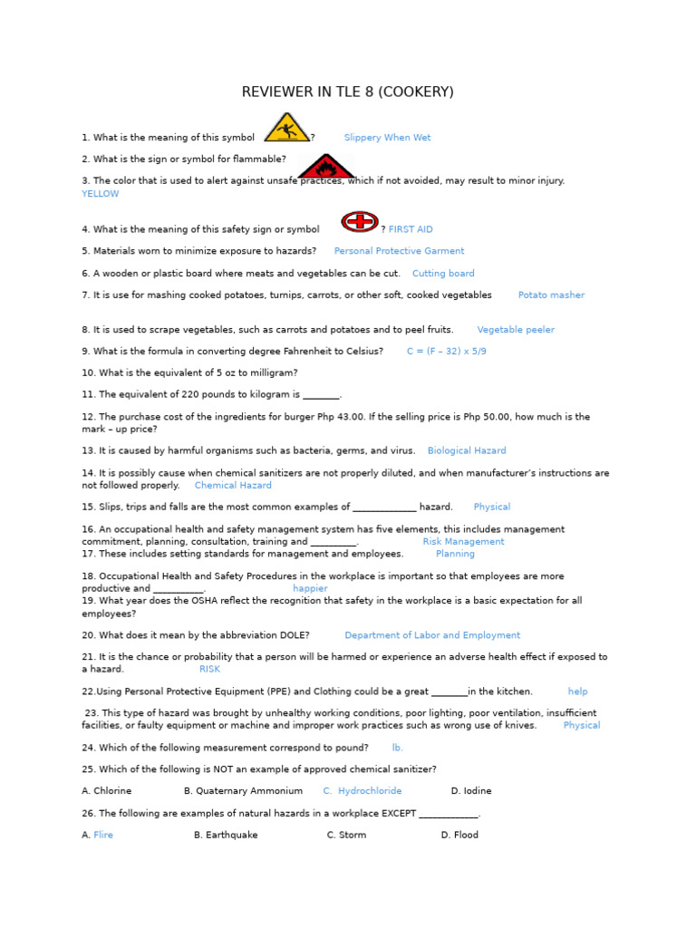 TLE 8 Cookery Safety and Tools Guide | PDF | Occupational Safety And ...