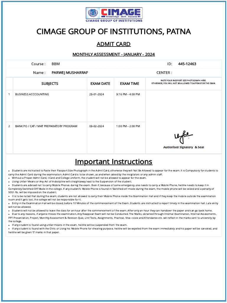 Admit Card 2 | PDF