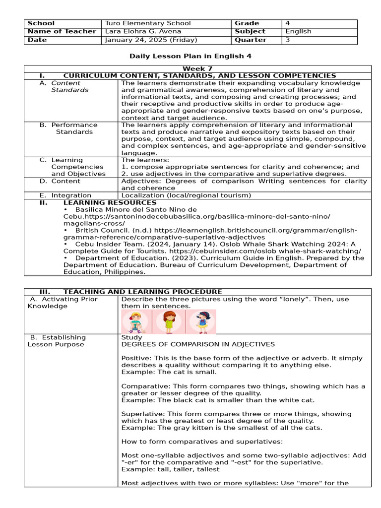 English 4 Lesson Plan: Adjectives Comparison | PDF | Cognition ...