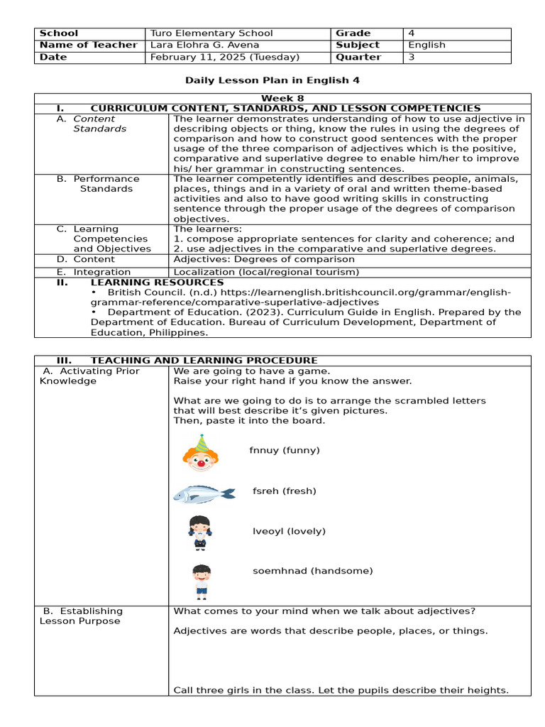 English 4 Lesson Plan: Adjectives Usage | PDF | Adjective | Curriculum