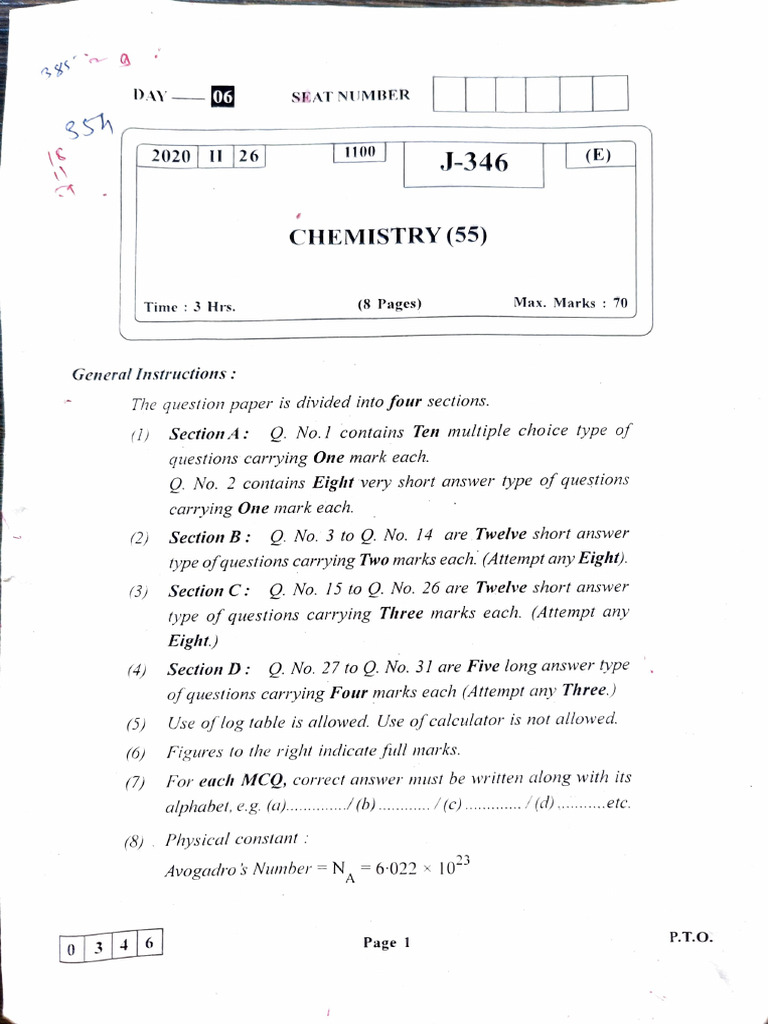 Chemistry Exam Question Paper 2020 | PDF | Chemical Reactions ...