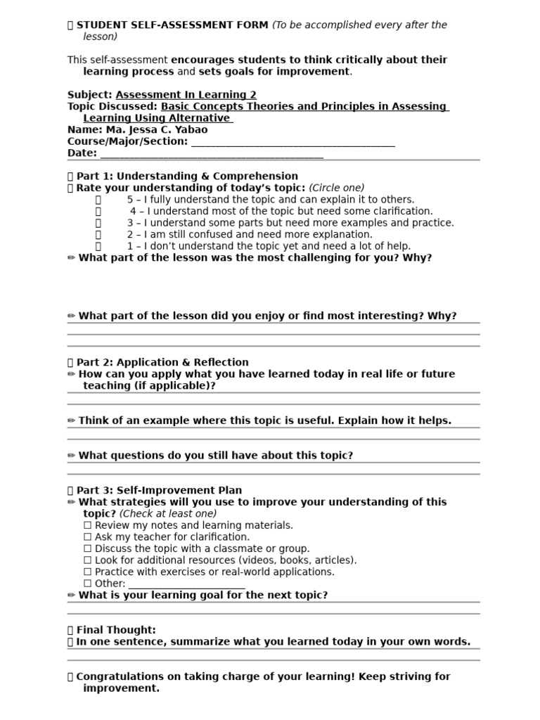 SELF-ASSESSMENT-FORM | PDF