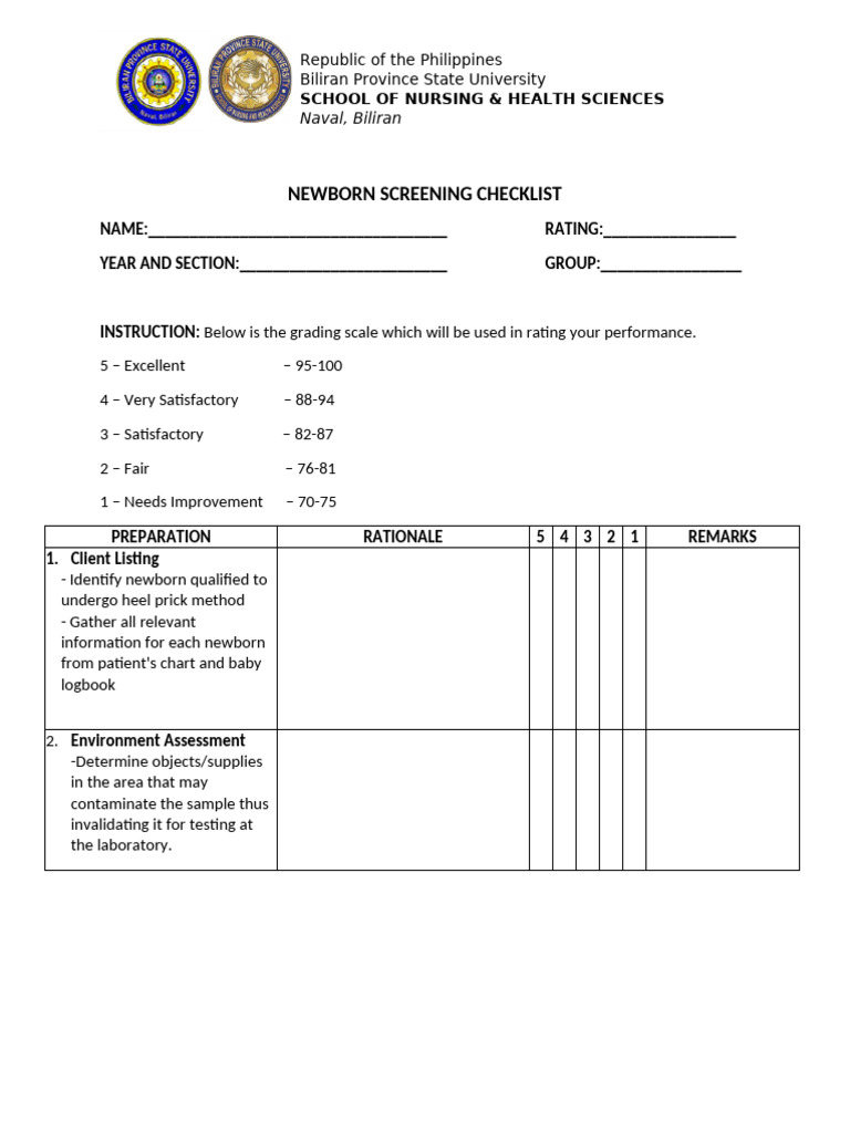 Newborn Screening Nursing Checklist | PDF | Health Care | Health Sciences