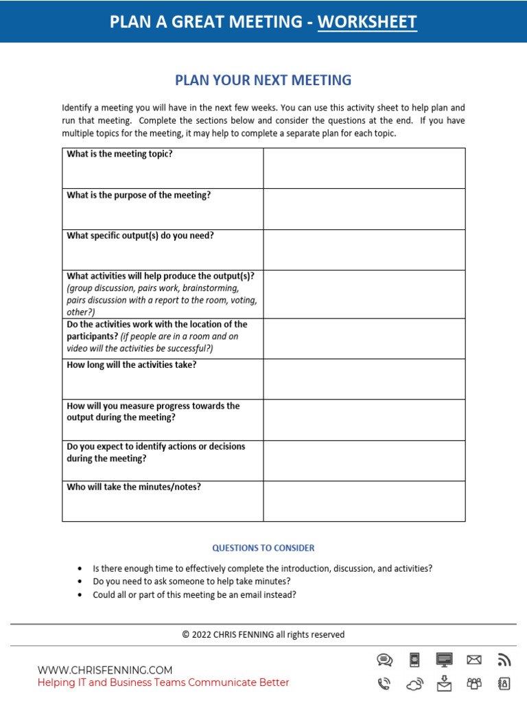 Meeting Planning Worksheet Guide | PDF