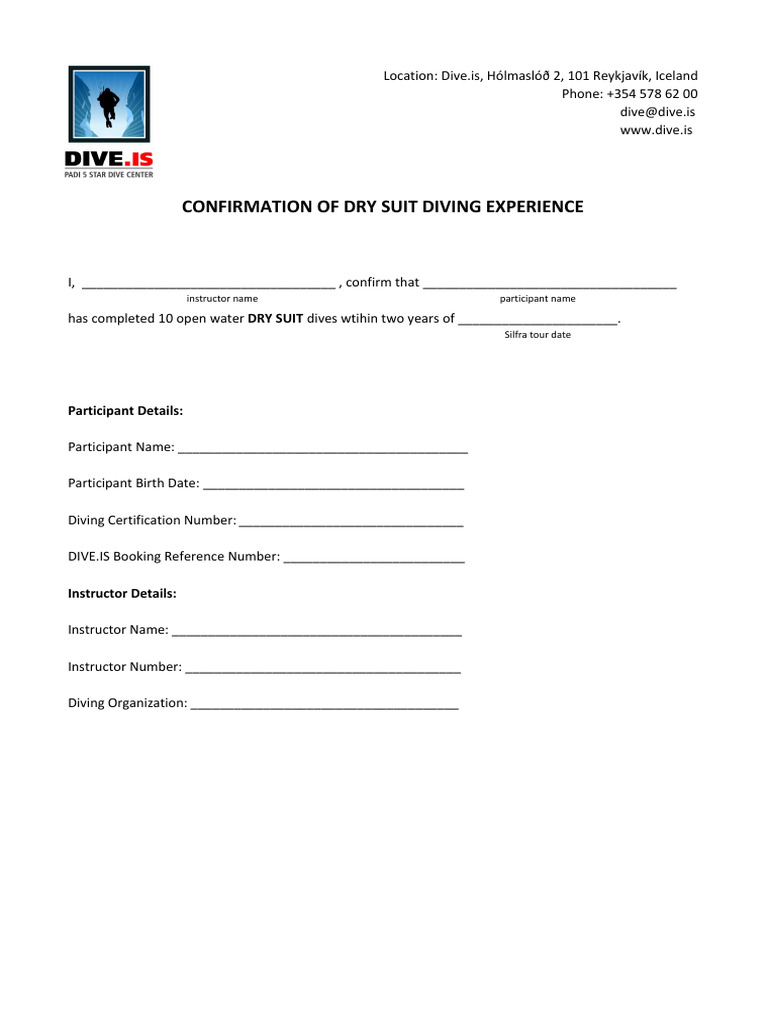 Instructor Confirmation of Dry Suit Diving Experience | PDF