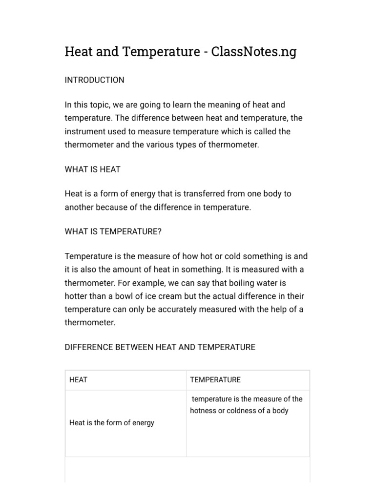 Heat and Temperature - ClassNotes - NG | PDF