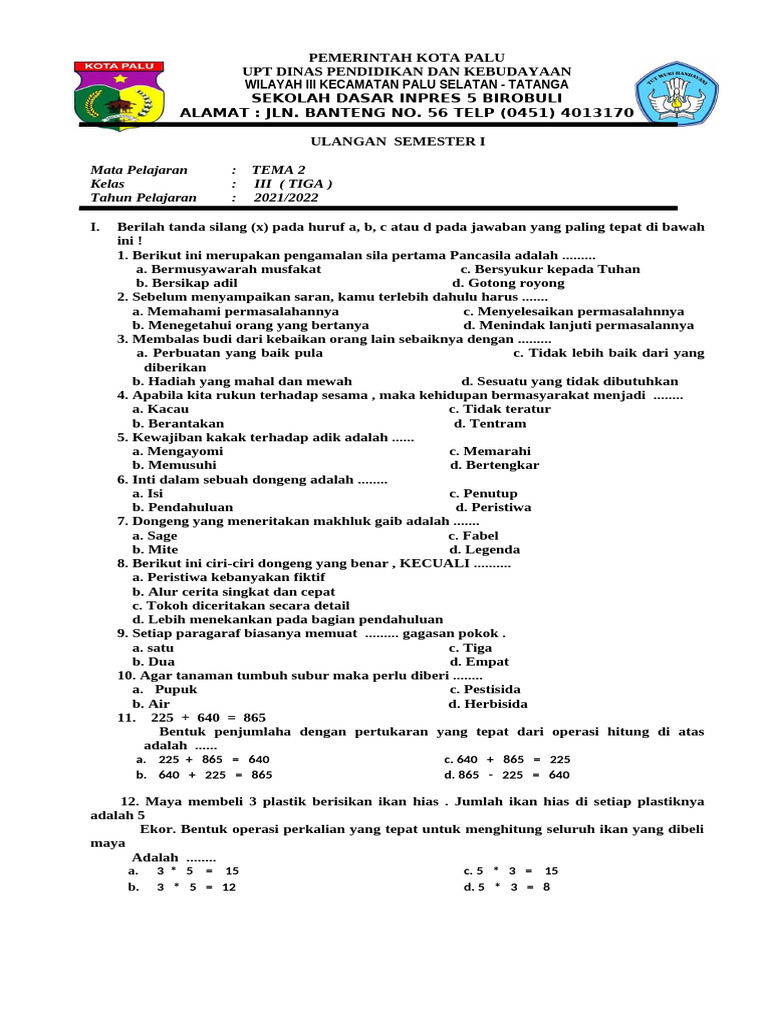 SOAL ULANGAN MID SEMESTER 2020-2021 Tema 1 | PDF