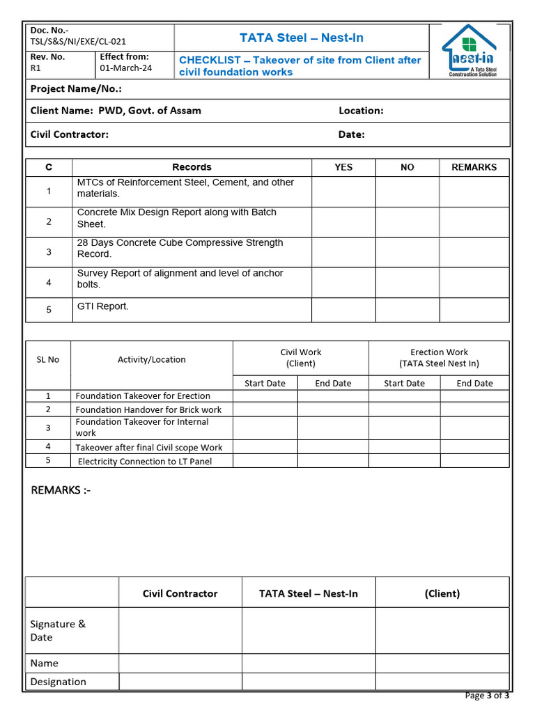 Site Takeover Checklist for TATA Steel | PDF | Materials | Building ...