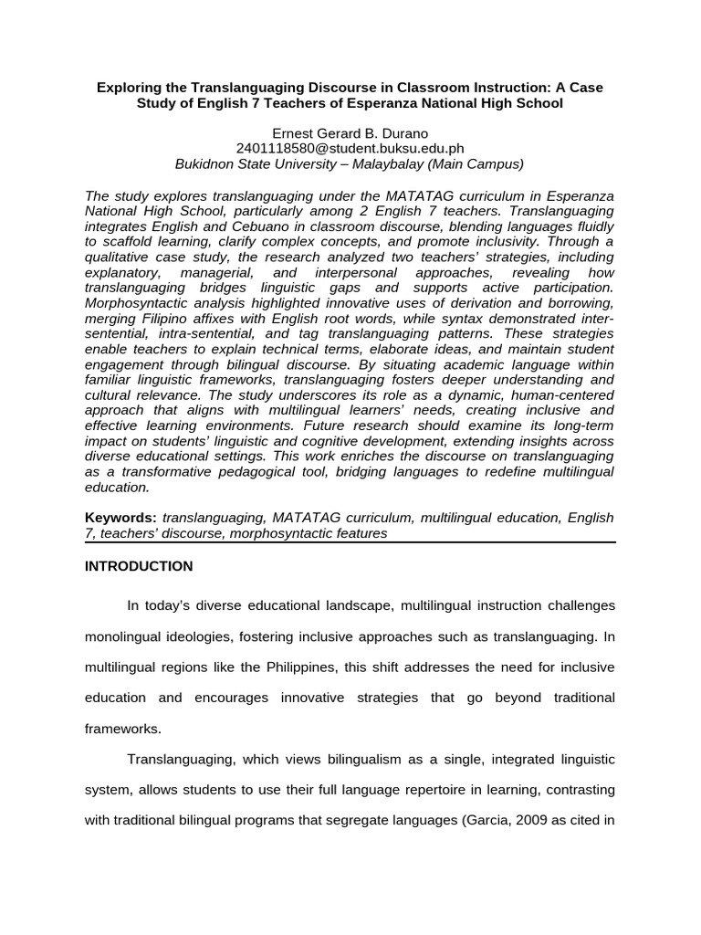Exploring The Translanguaging Discourse in Classroom Instruction A Case ...