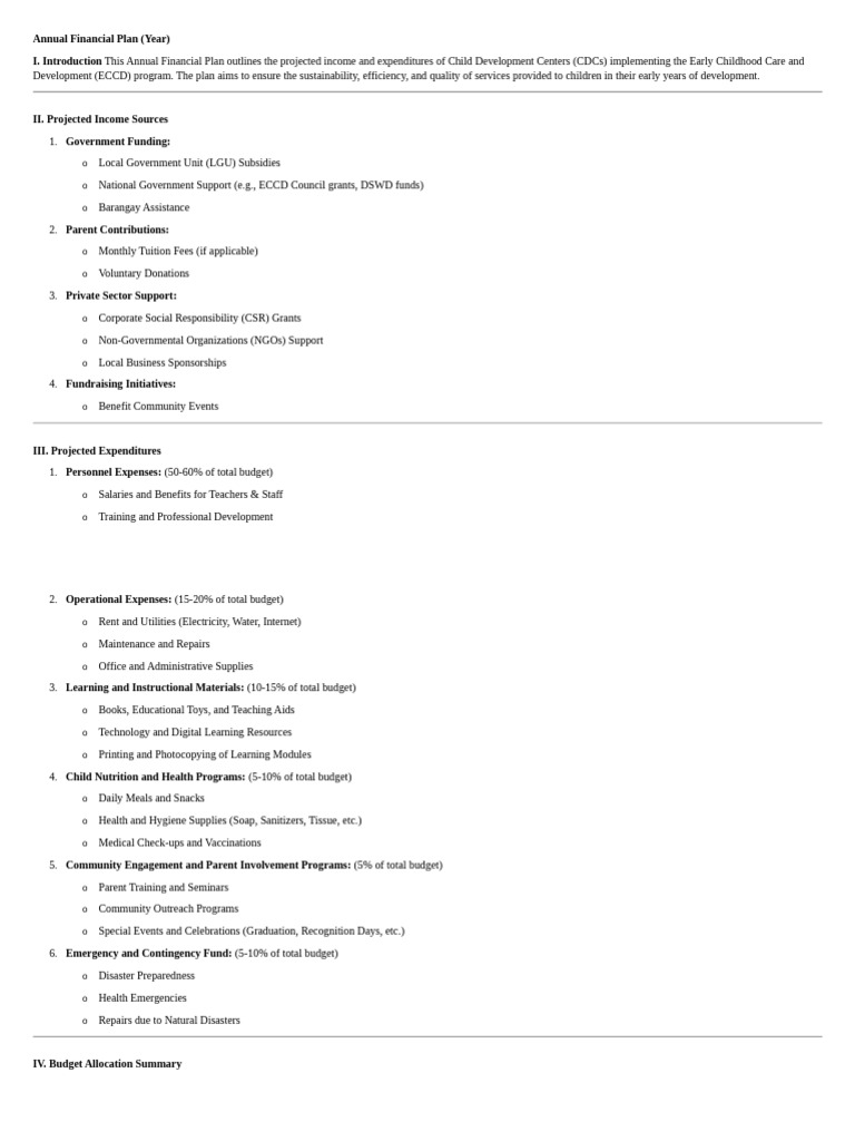 Annual Financial Plan for ECCD Programs | PDF | Budget | Fundraising